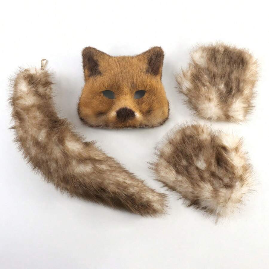 Halloween Fox Mask And Tail Costume, Realistic Little Fox Girl Plush ...