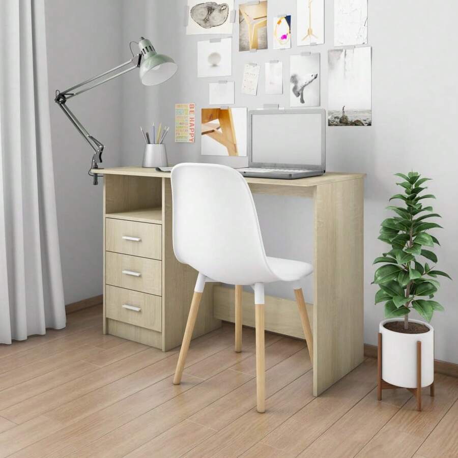 Desk With Drawers, Oak, 110x50x76cm, MDF | SHEIN USA