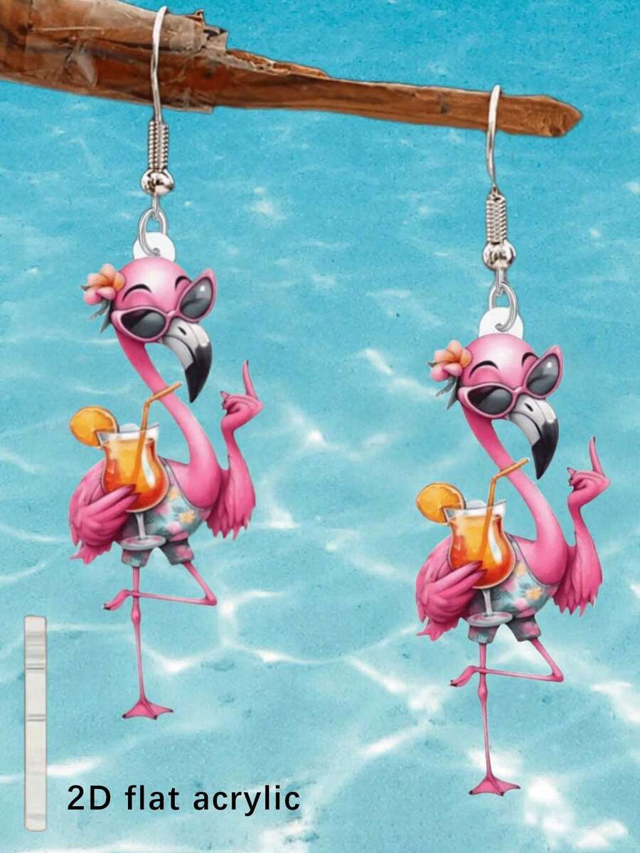 1 paar platte, dubbelzijdige 2D flamingo-oorbellen met zomerse ...