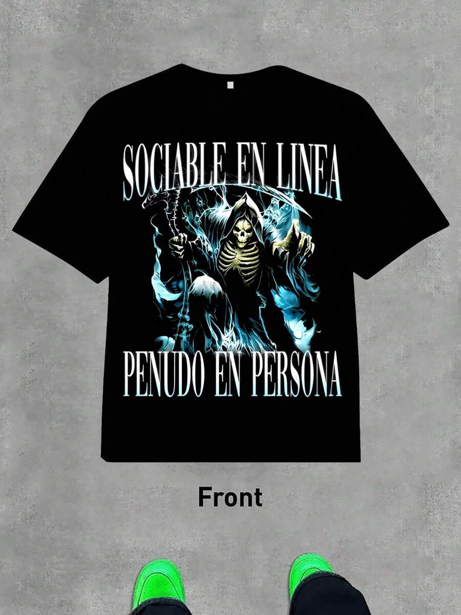 Camiseta Negra con Diseño de Calavera: Estilo Urbano, Frase Sociable en ...