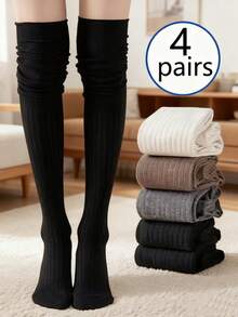 4 Pairs Women's Fashion Thigh-High Socks - Autumn & Spring Style ...