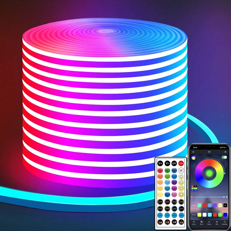 50FT DC24V RGB LED Neon Rope Lights With Remote/APP Control Waterproof ...
