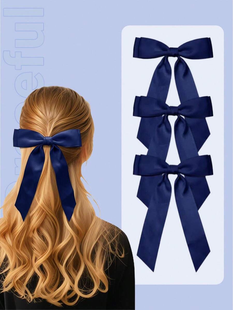 3Pcs Navy Blue Hair Bows Silk Satin Bow Hair Clips For Girls Double ...