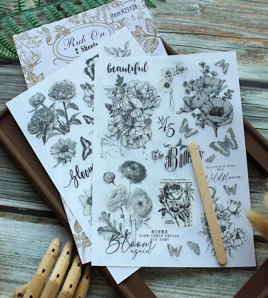 KSCRAFT Black Flowers Rub On Transfer Sticker Scrapbook Journal Sticker ...