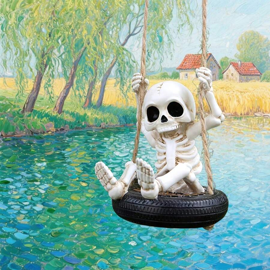 White Skeleton Swing Resin Ornament, Skeleton Swinging Swing, Halloween ...
