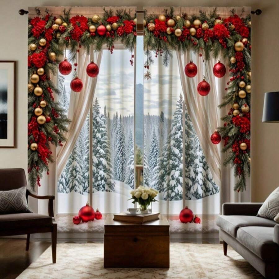 2pcs Set Festive Red Christmas Curtains With Ribbon & Balloon Design ...