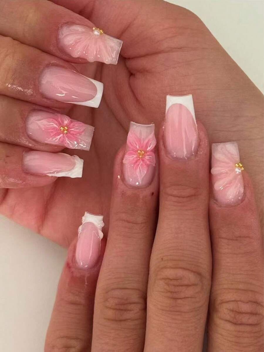 24pcs Rectangular 3D Gel Nail Stickers, Can Create Pearl Flower Nail ...