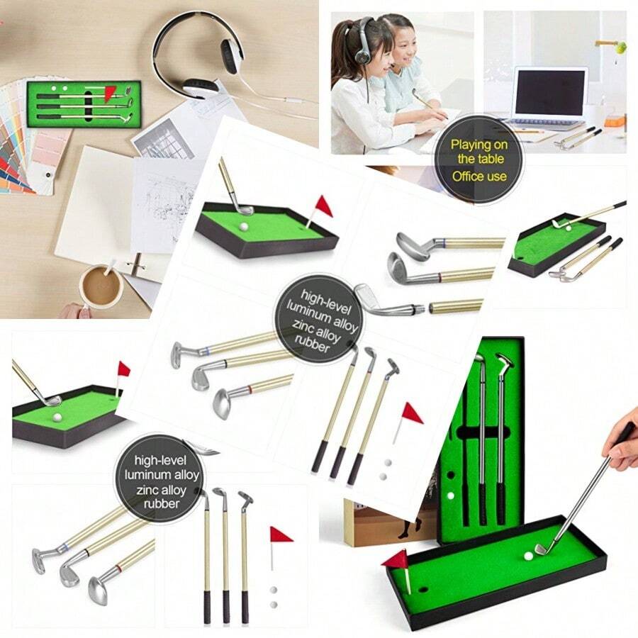 Mini Desktop Golf Pen Gift Set With Putting Green Flag 3 Golf Club Pens ...