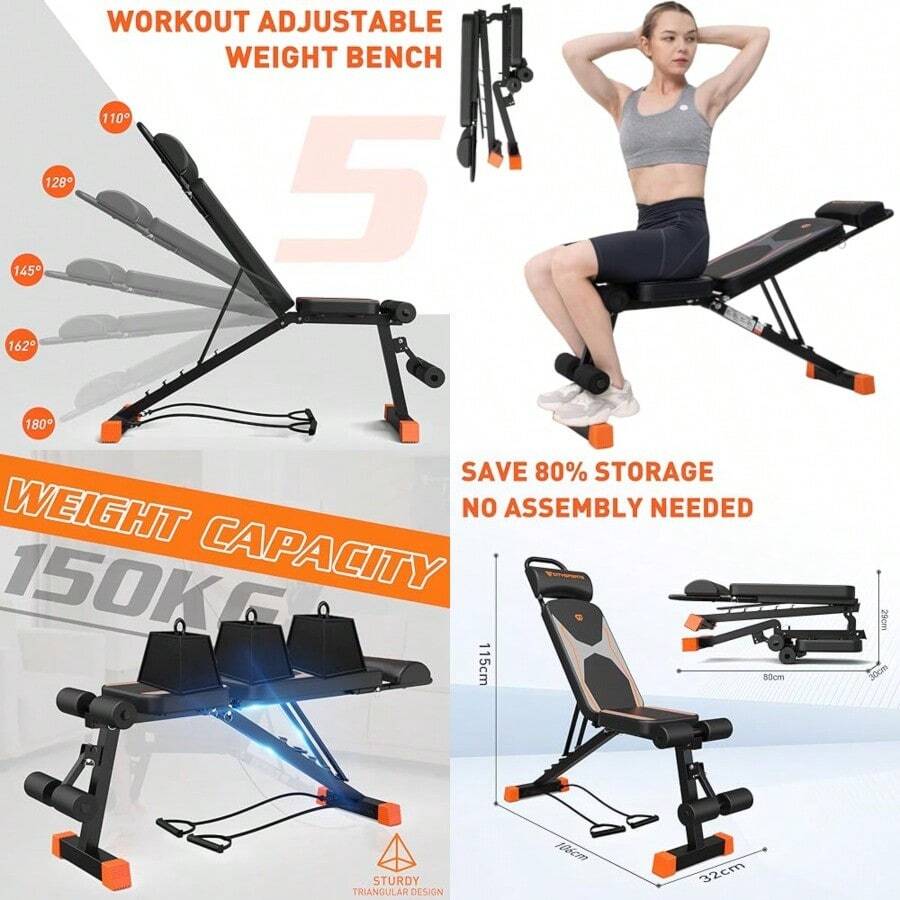 CITYSPORTS Multifunctional Folding Weight Bench With Exercise Straps ...