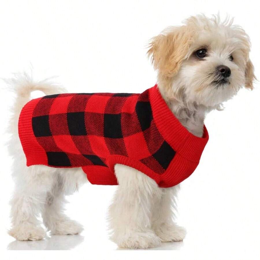 Classic Plaid Dog Sweater With Leash Hole, Warm Stretchy Knitwear Small ...