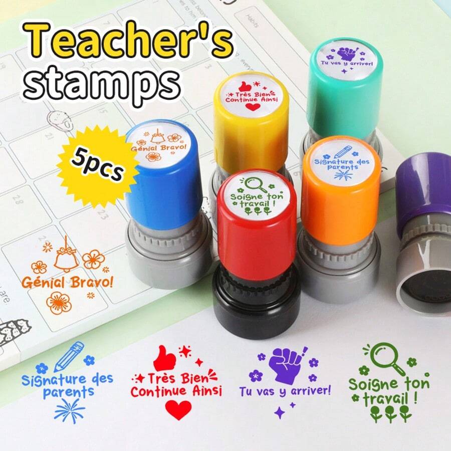5pcs Colorful French Classroom Grading Teacher Stamps, Round Teacher ...