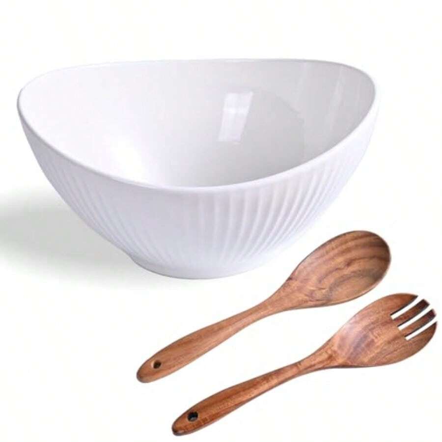 Large Ceramic Serving Bowl 25cm 10 With Wooden Utensils 1700ml 60oz ...