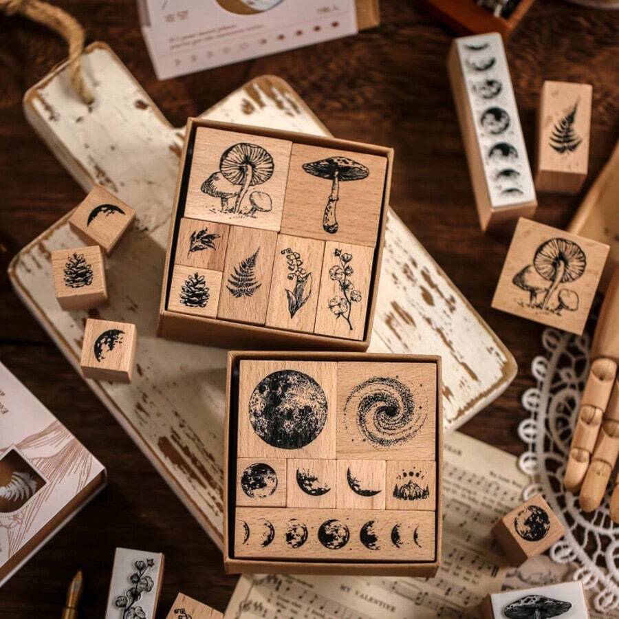 JotBox Romantic Handmade Vintage Wooden Stamp Set, Moon, Star, Mushroom ...