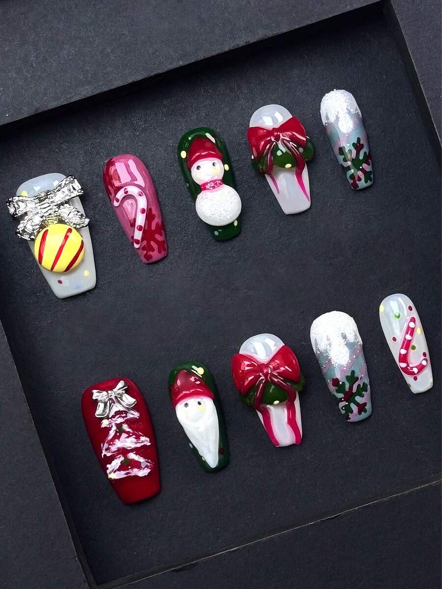 10 Pieces, Long Fake Nails In Coffins, 3D Handmade Kneading, Christmas ...