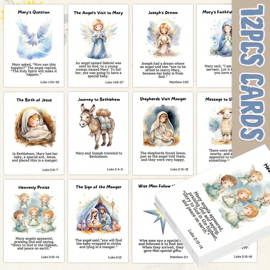 12pcs Double-Sided Advent Calendar Cards - Christmas Nativity Verses ...