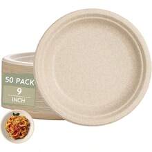 100% Compostable Paper Plates 50Pack Heavy Duty Disposable Plates 9 ...