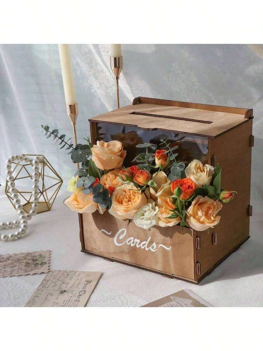 Wooden Wedding Card Box With Flower Trough, Brown Card Box Wedding With ...