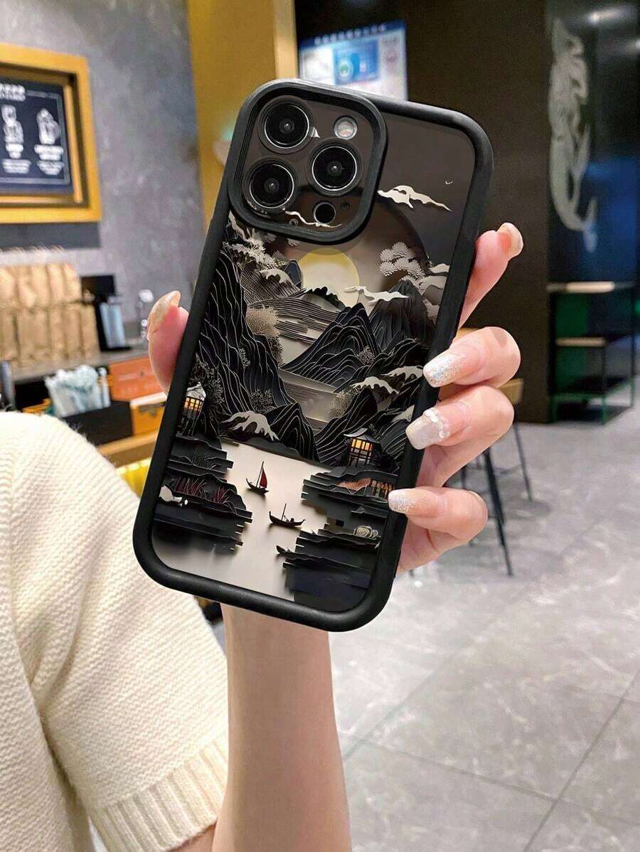 1pc Chinese Style Black Landscape Pattern Anti-Fingerprint Black ...