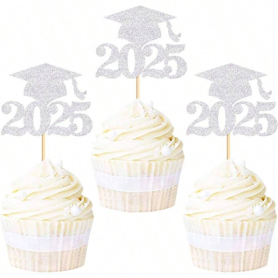 36 Pack 2025 Graduation Cap Cupcake Toppers 2025 Silver Glitter Class ...