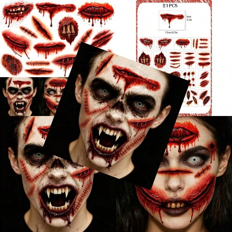 22 Sheets Halloween Face Scar Tattoos Zombie Makeup Wound Stickers Fake ...