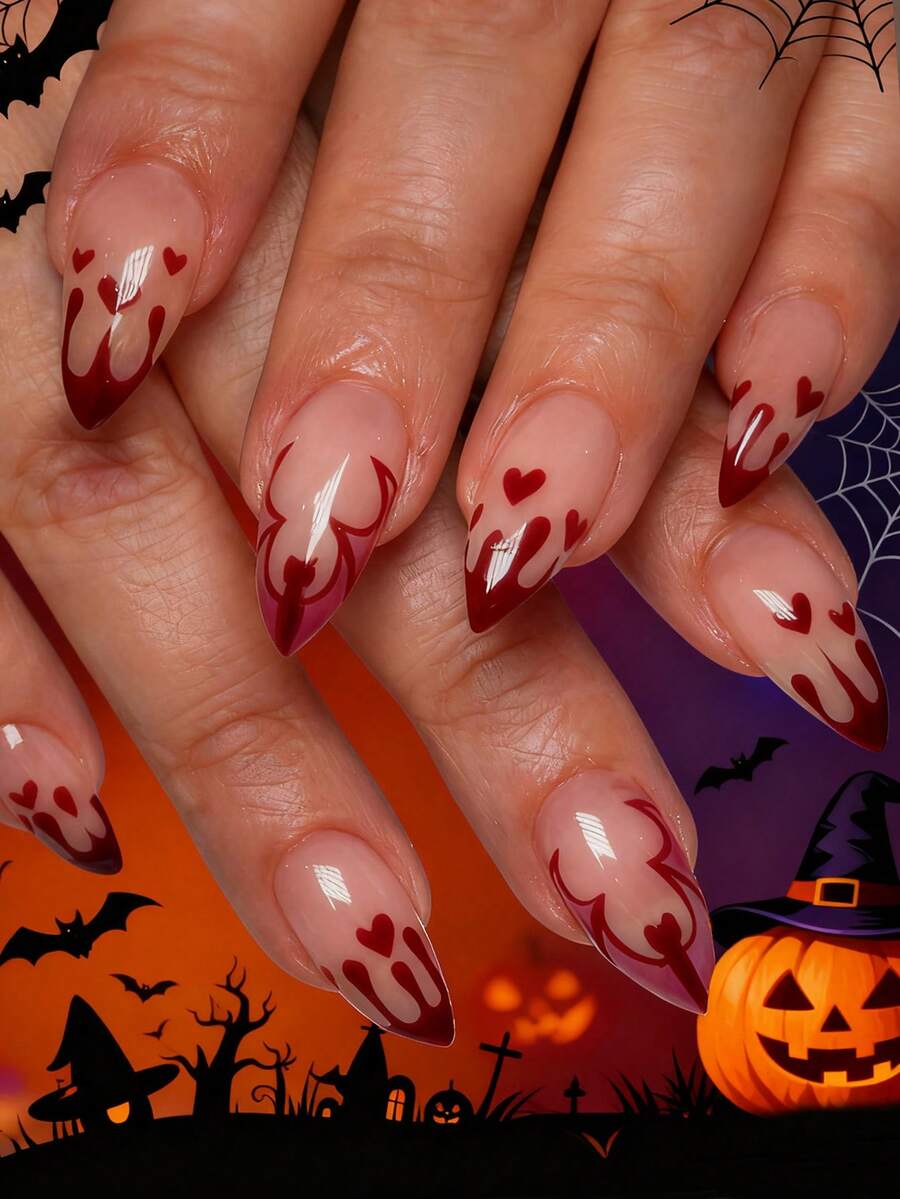 24Pcs Halloween Almond-Shaped Press On Nail Tips In Deep Red, Punk ...