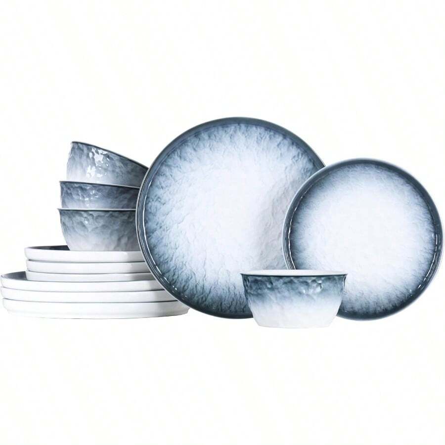 12 Pcs Gradient Blue Dinnerware Set Chip Resistant Porcelain Plates And ...