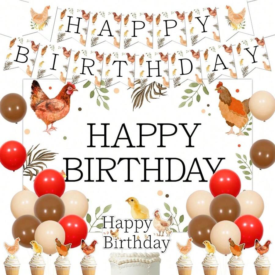 Chicken Happy Birthday Decorations, Birthday Banner Backdrop, Barnyard ...