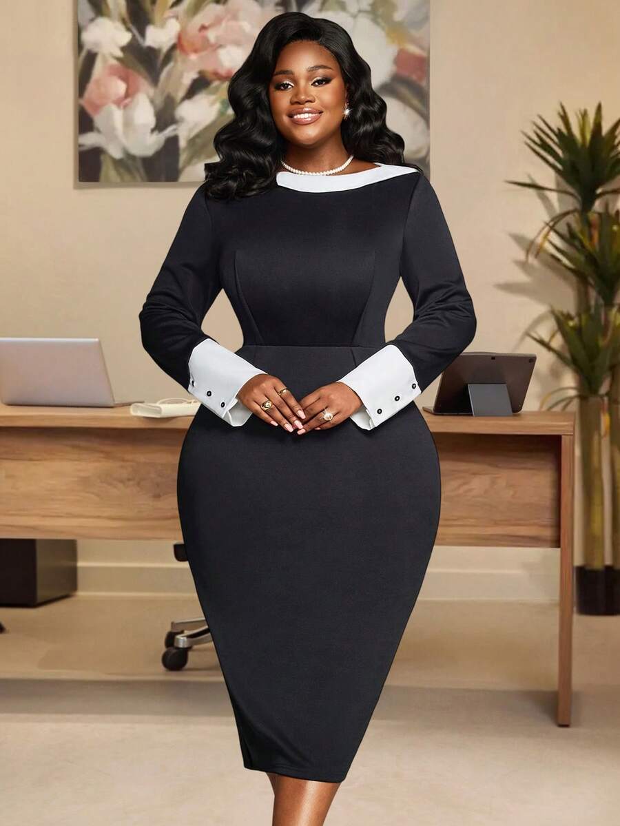 Damen Mittellänge Farbblock Knopfkleid, figurbetontes, dehnbares ...