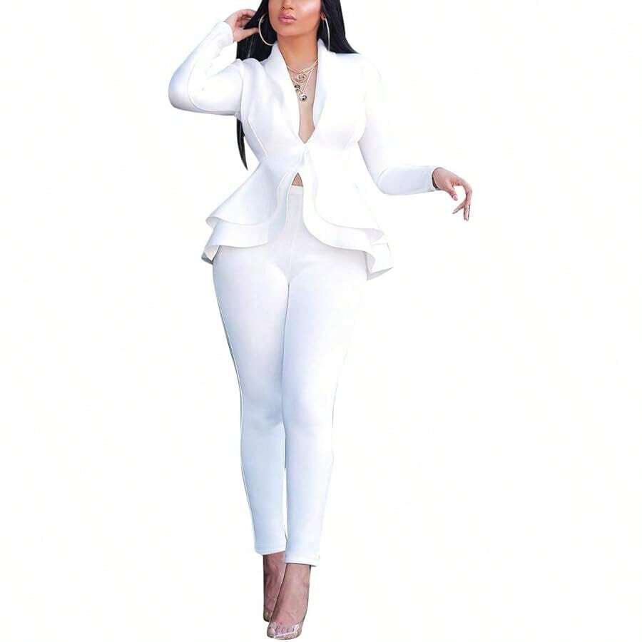Women's 2 Piece Outfit Casual Solid Open Front Blazer And Pencil Pant ...
