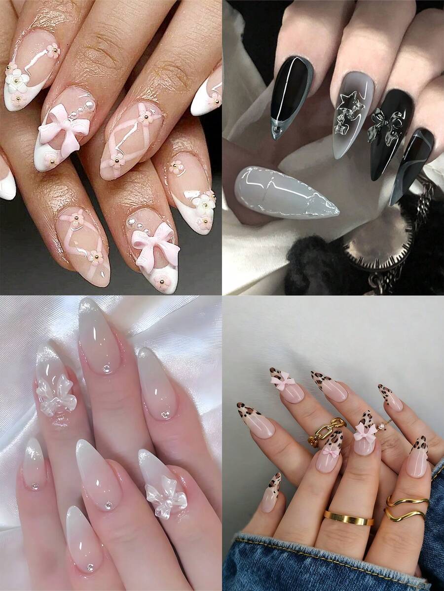 4 Packs (96Pcs) Handmade Press On Almond French Tip Nails Y2k Pink ...