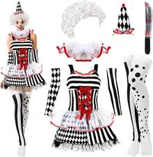 Newcotte 7 Pcs Women Halloween Scary Costume Set Clown Costume Clown ...
