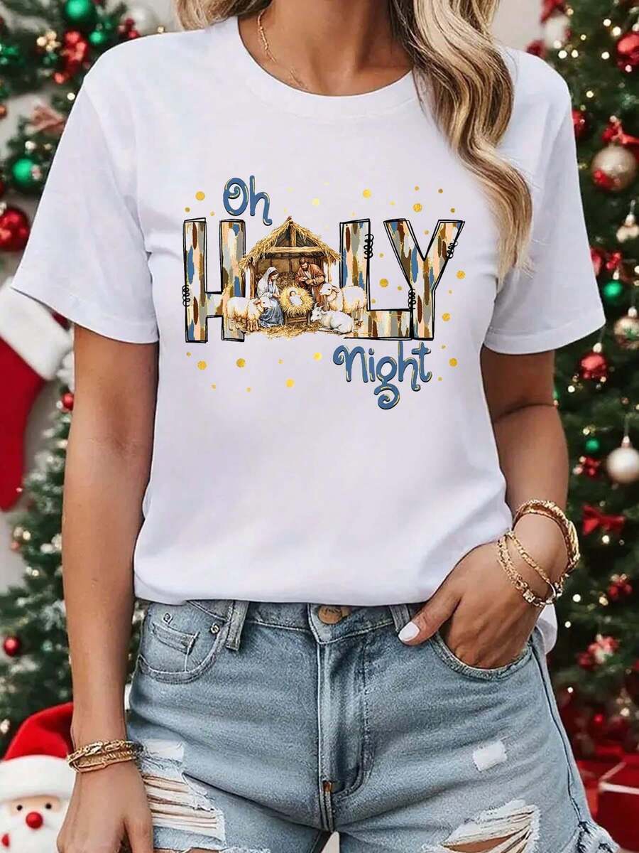 Christmas T-Shirt, Oh Holy Night Nativity Scene Christmas Baby Jesus T ...
