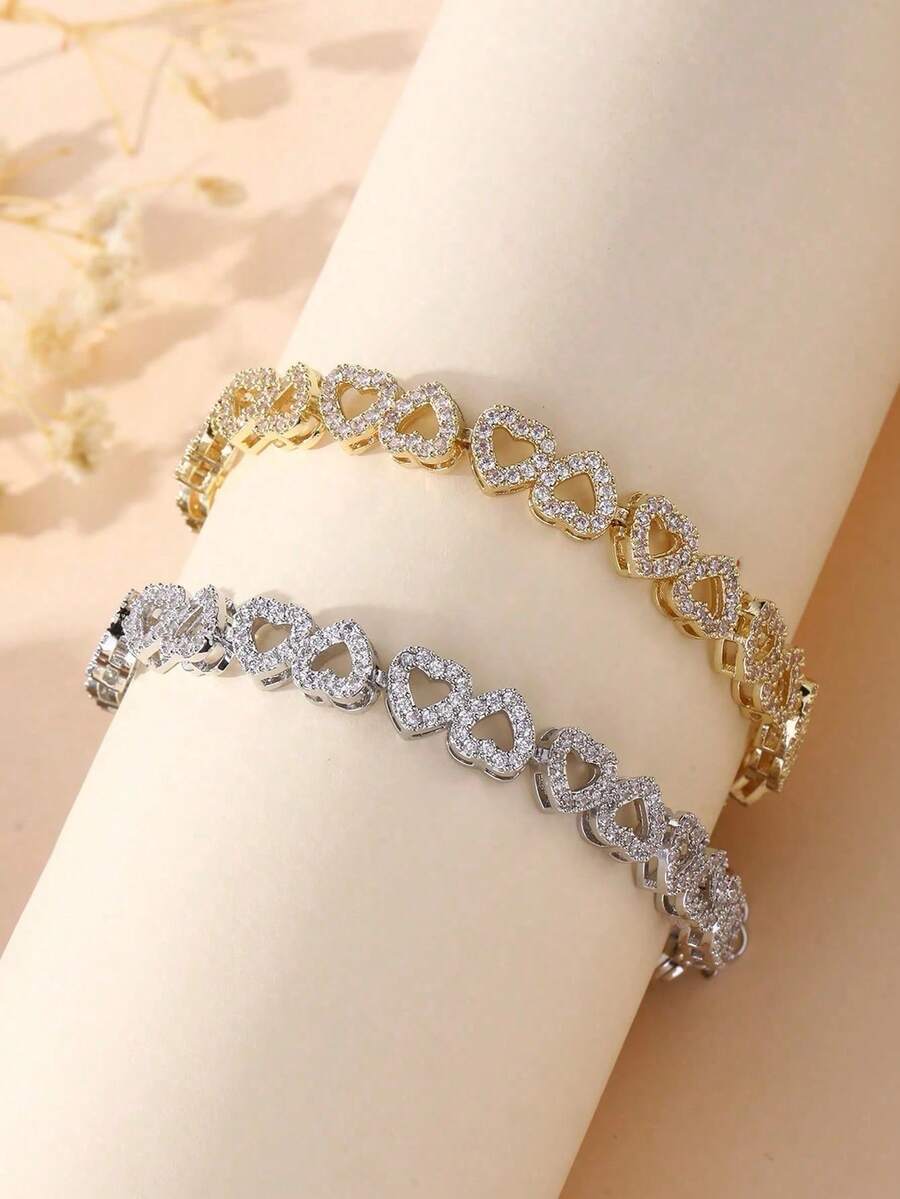 1pc Heart-Shaped Bracelet Set For Women, Inlaid With Cubic Zirconia ...