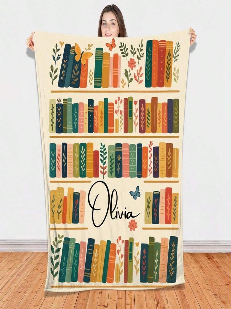 Vintage Bookshelf Library Throw Blanket, Cottagecore Book Wildlowers ...