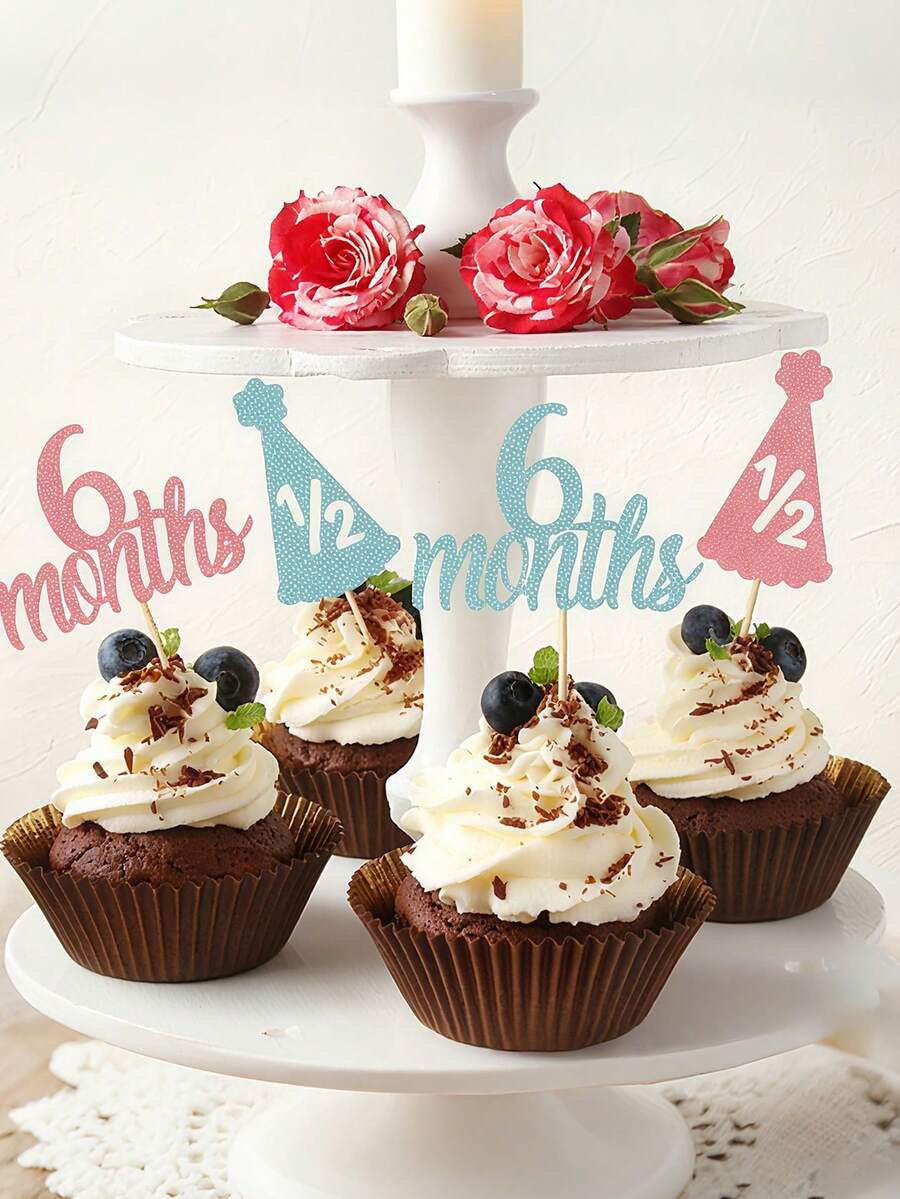 12pcs Glitter "6 Months" Birthday Cupcake Toppers - Celebrate Baby's 6 ...