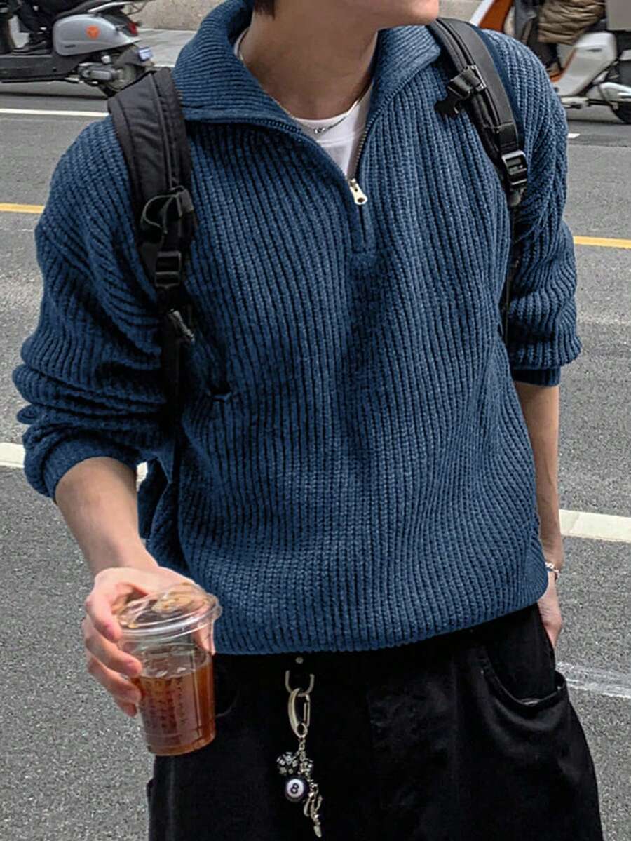 秋冬新作 ニットカジュアルルーズプルオーバーセーター、ミニマリストスタイル、リブ編み生地、タートルネック、ジップアップ、ドロップショルダー ...