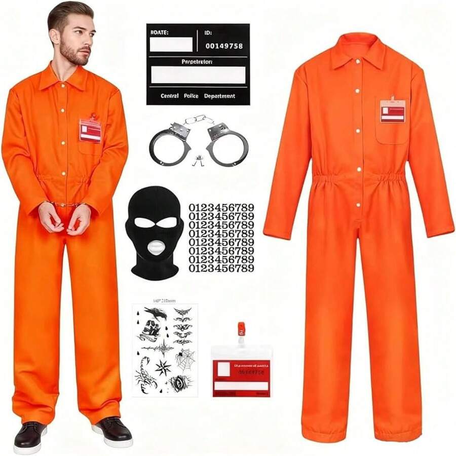 Prisoner Costume Men Women Prison Inmate Jumpsuit Halloween Cosplay ...