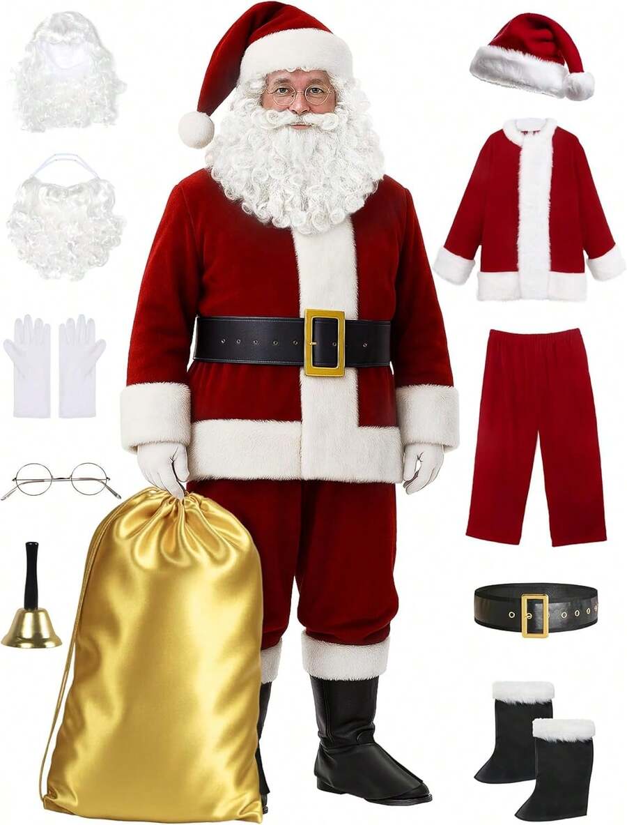 Men's Deluxe Santa Suit 11pcs. Christmas Ultra Velvet Adult Santa Claus ...