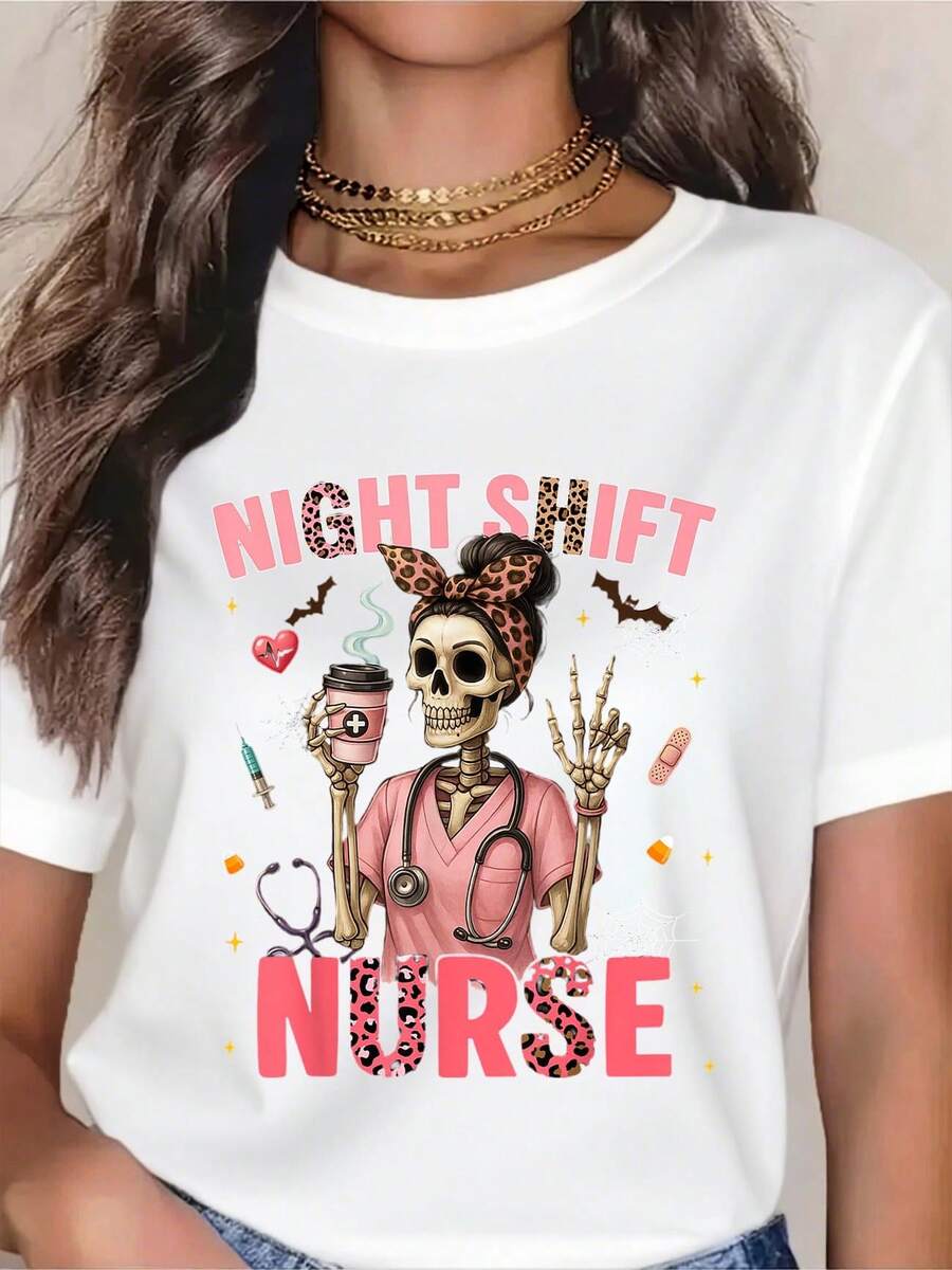 Night Shift Nurse Halloween T-Shirt For Women, Funny Skeleton Nurse ...