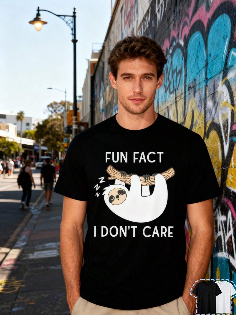 Funny Fun Fact: I Don'Care Tree Sloth Graphic Men's-Shirt - White Crew ...