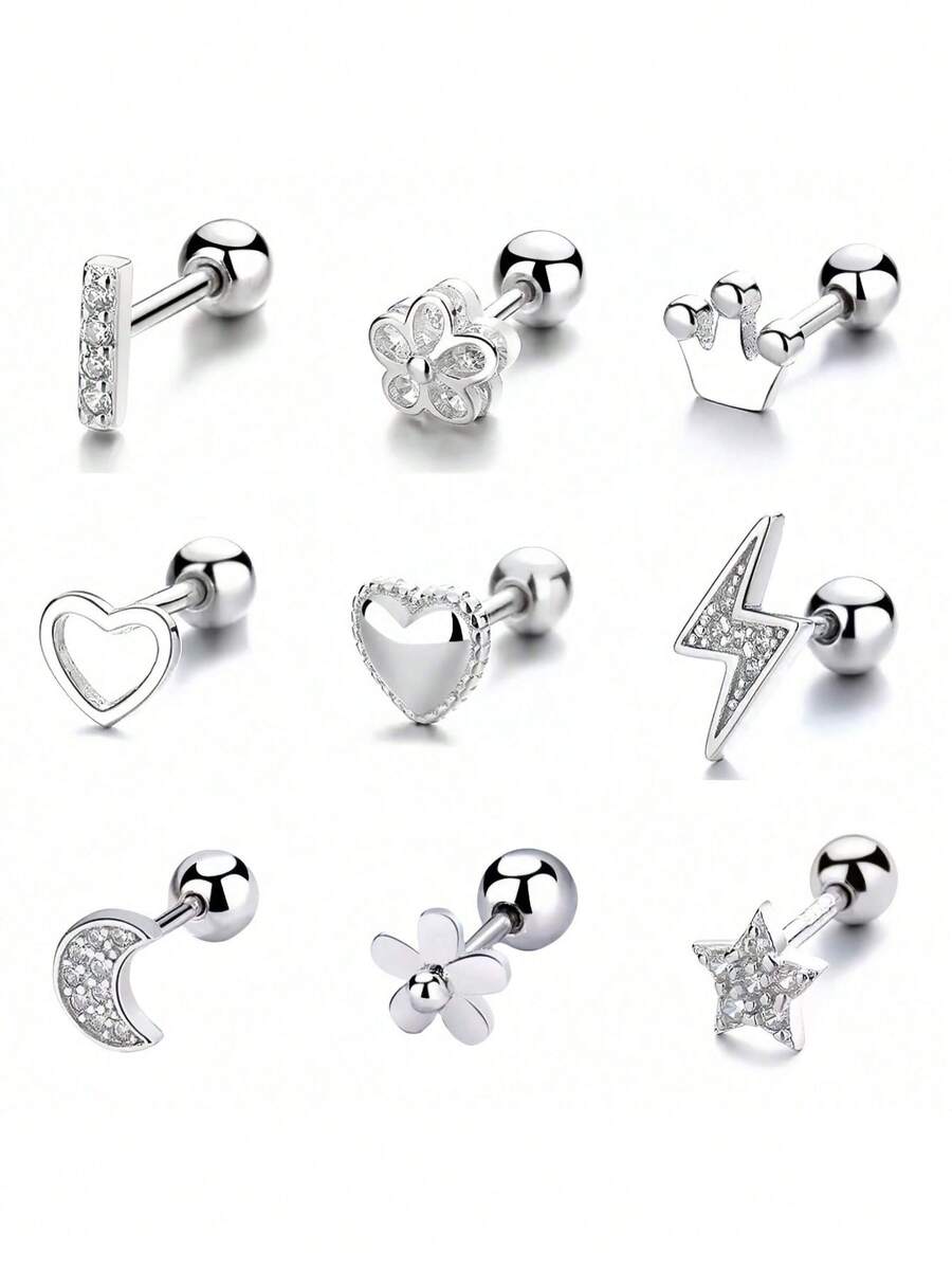 925 Sterling Silver Heart, Moon & Star, Lightning Flower, Four-Leaf Clover Stud Earrings ...