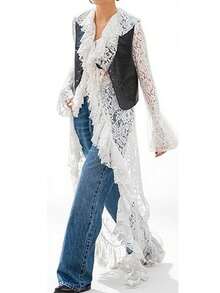 Blusa larga de mujer con encaje y malla, con lazo delantero, tipo ...