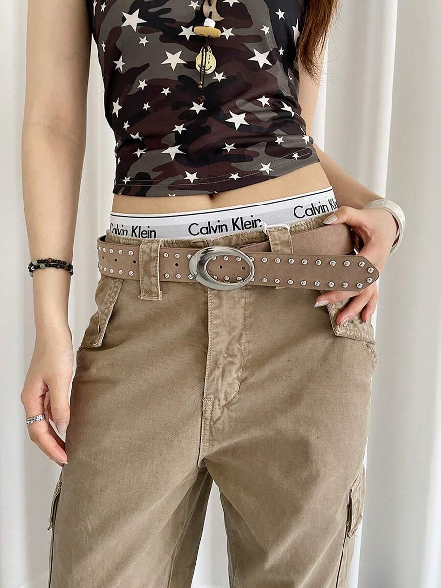 1 Peça Cinto Versátil de Moda Feminina em Material PU Cáqui com Tachas ...