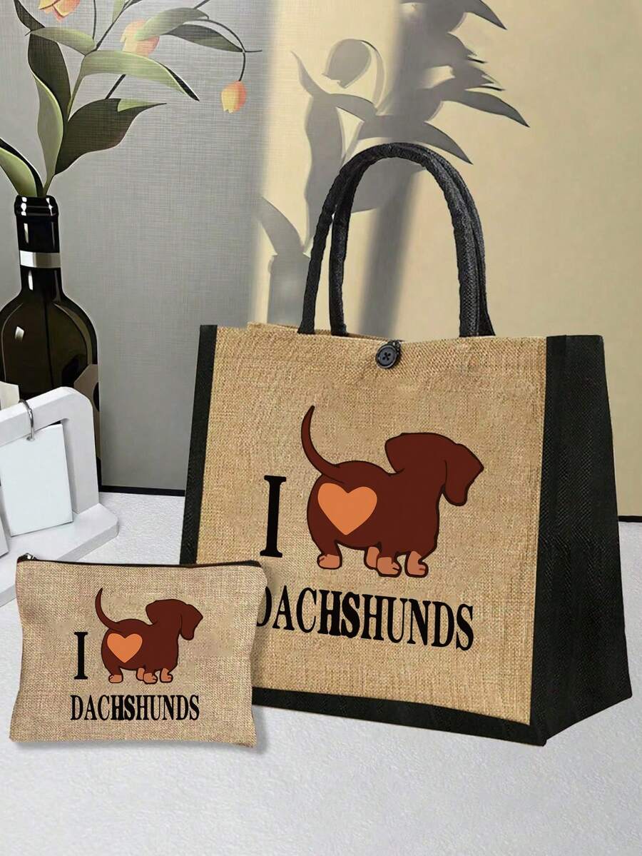 "I DACHSHUNDS"Letter, Linen Dachshund Dog Pattern Printed Handbag Set ...