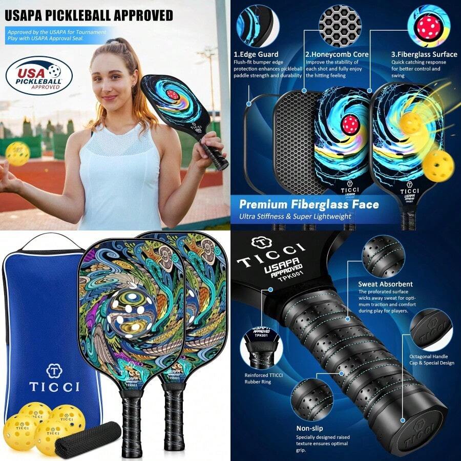 Pickleball Paddles Set Of 2 USAPA Approved Fiberglass Pickle Ball Paddles With 4 Pickleballs ...