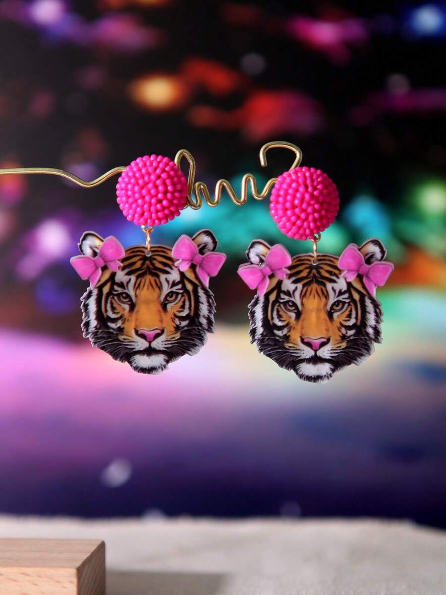 Handmade Seed Beaded Stud Earrings With Cute Bowknot Tiger Animal Drop ...