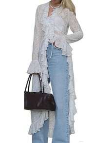 Blusa larga de mujer con encaje y malla, con lazo delantero, tipo ...