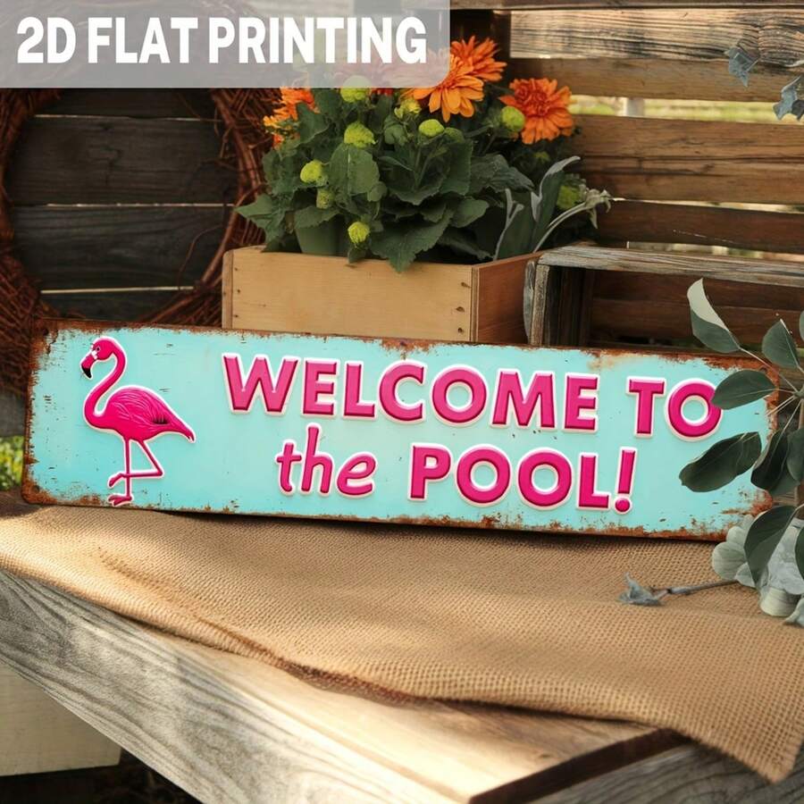 2D Flat, 1pc Vintage Flamingo Pool Party Metal Sign - Tropical Summer ...