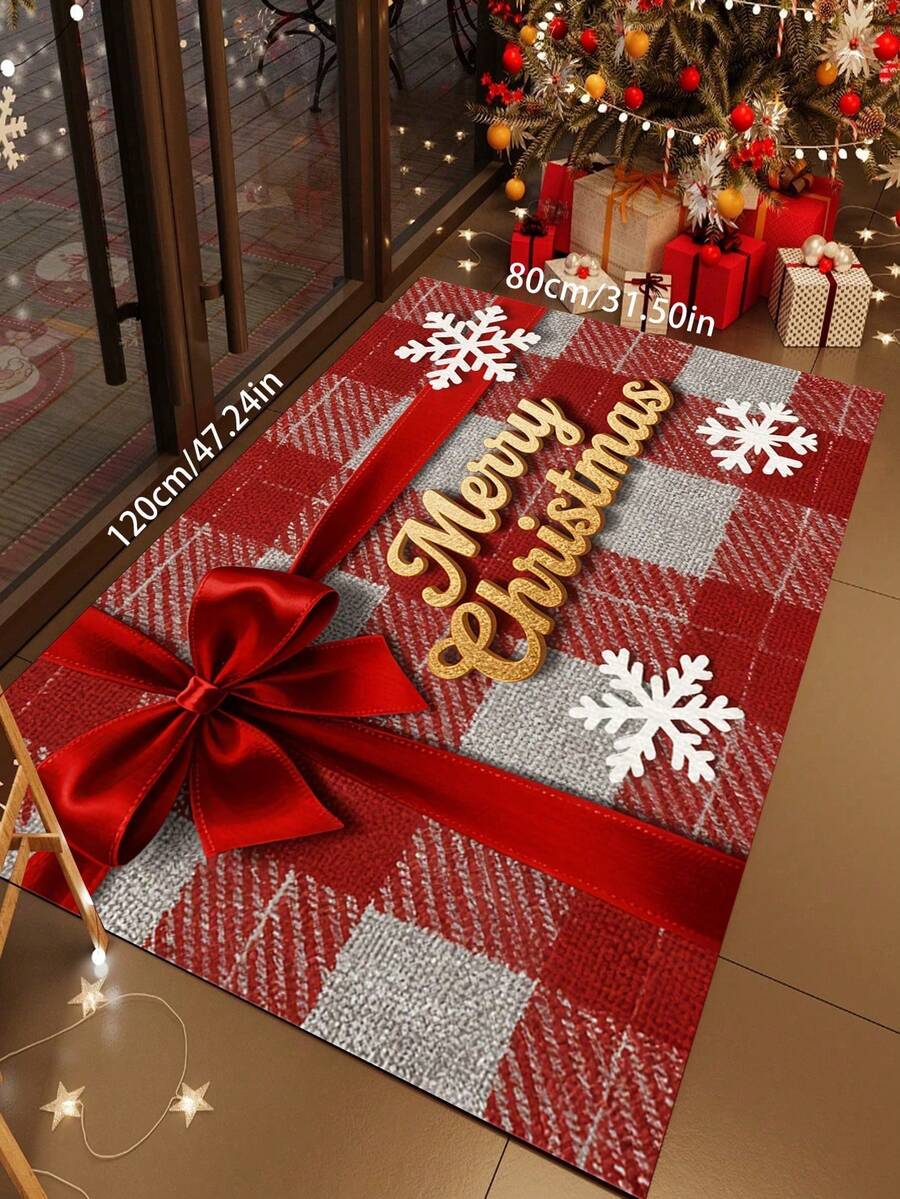 1pc Classic Red Plaid Bow Christmas Doormat, Gold Foil Print, Christmas ...
