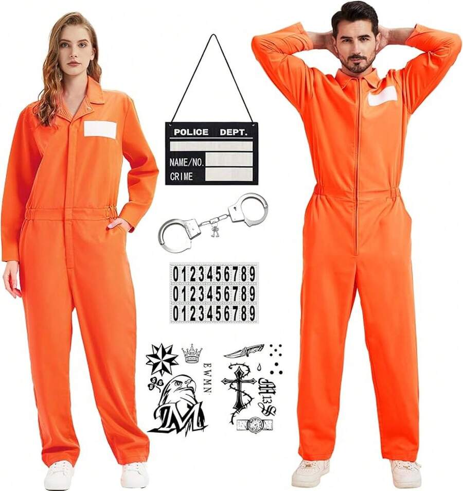 Prisoner Jumpsuit Costume Women Men 6PCS Orange Prison Jail Inmate ...